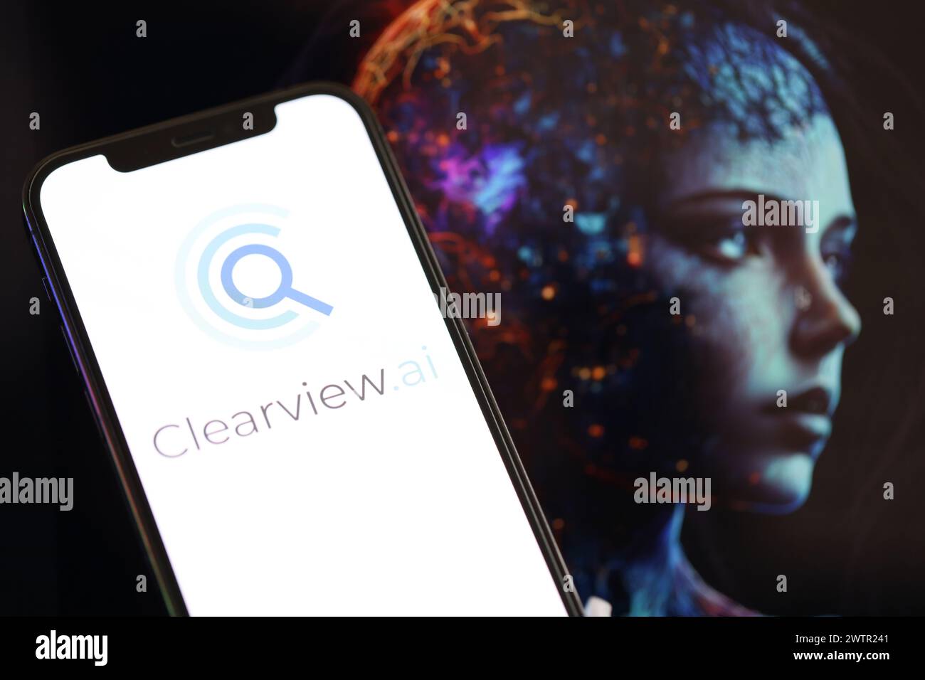 KYIV, UKRAINE - MARCH 17, 2024 ClearView logo on iPhone display screen with background of ...