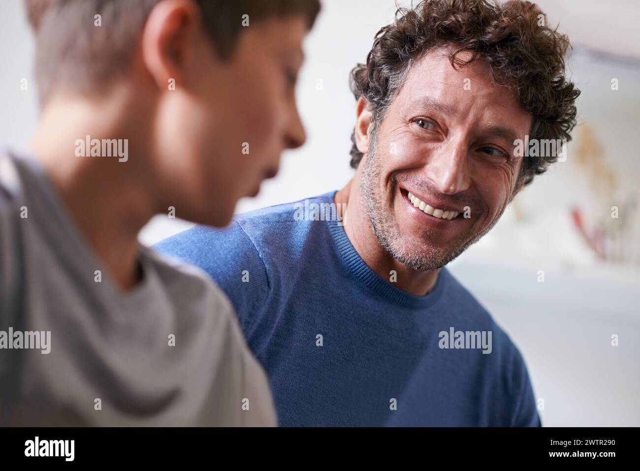 Home, son and father with smile, happiness and proud of child, growth ...