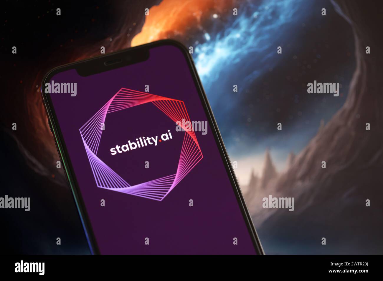 KYIV, UKRAINE - MARCH 17, 2024 StabilityAI logo on iPhone display ...