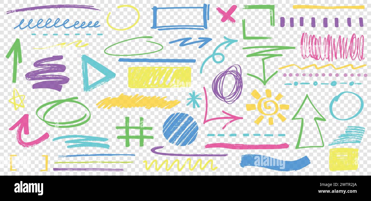 Set of hand drawn colorful highlighter set. Highlight marker underline ...