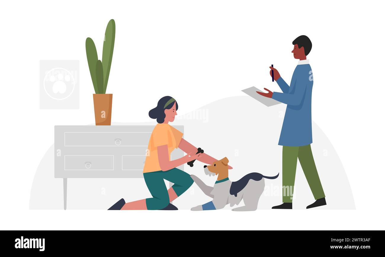Woman with dog at the vet. Pet doctor clinic, animal care routine ...