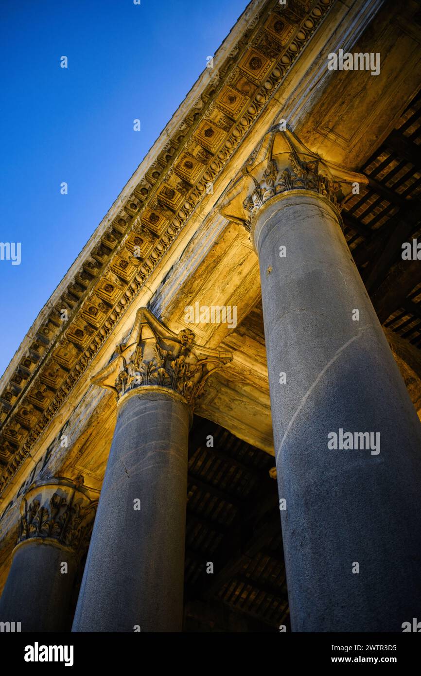 The Pantheon facade columns at night blue hour. Rome, Italy Stock Photo ...