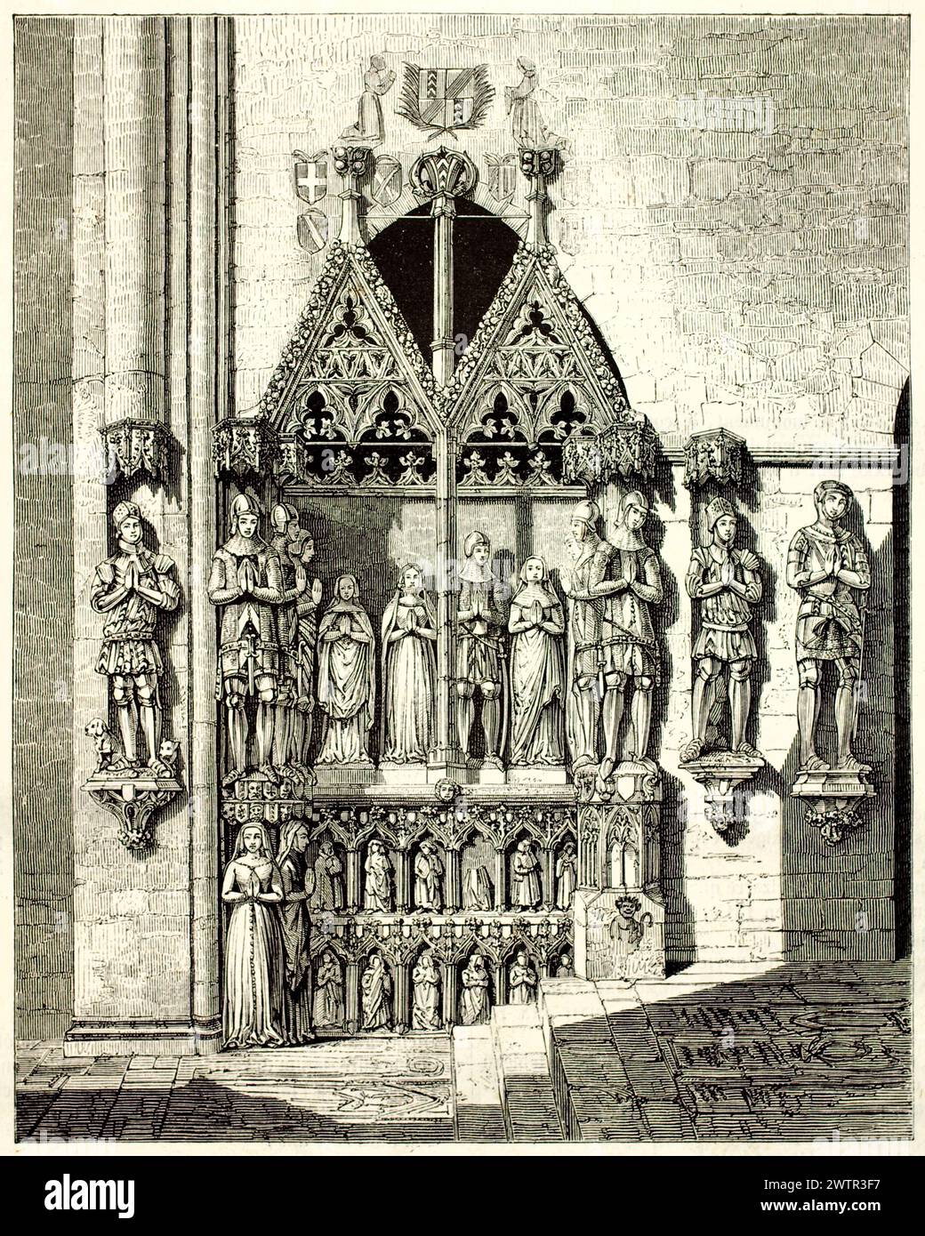 Gothic funerary monument richly adorned with statues and heraldry ...