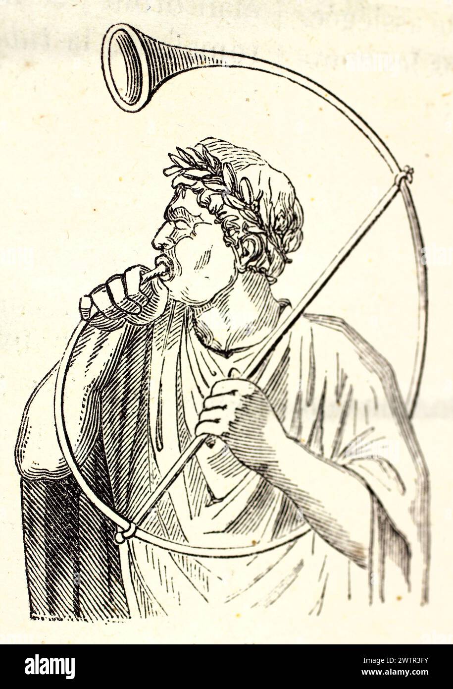 Old engraved reproduction of man plaing Buccina (ancient roman army ...
