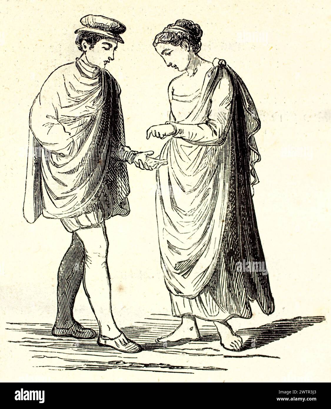 A young woman reads the palm of a man in classical attire, evoking ...
