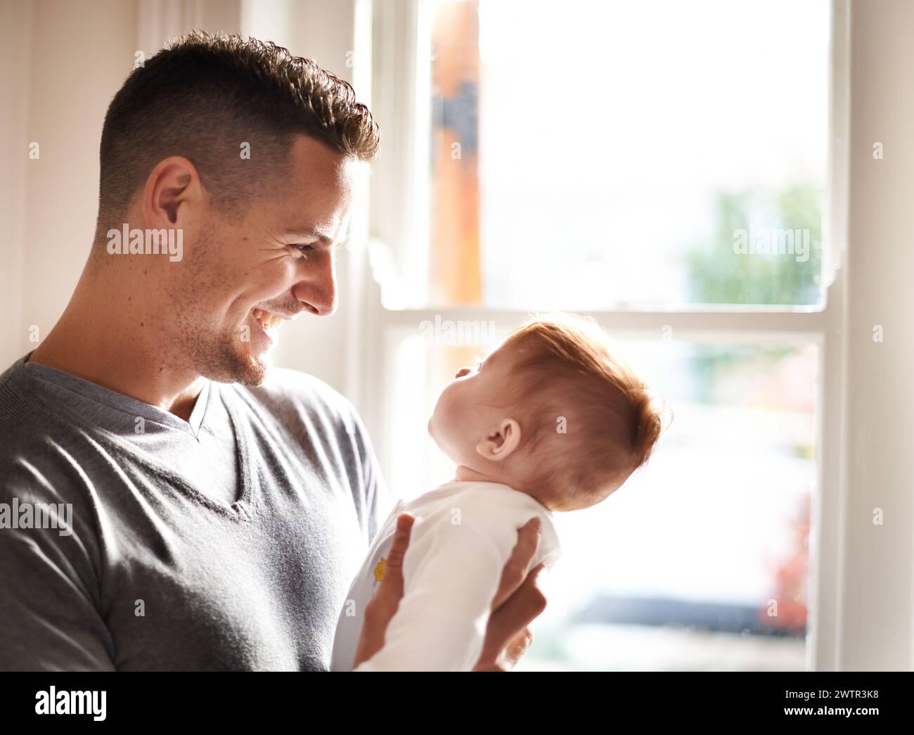 Father, baby and home with care, love and support together with family ...