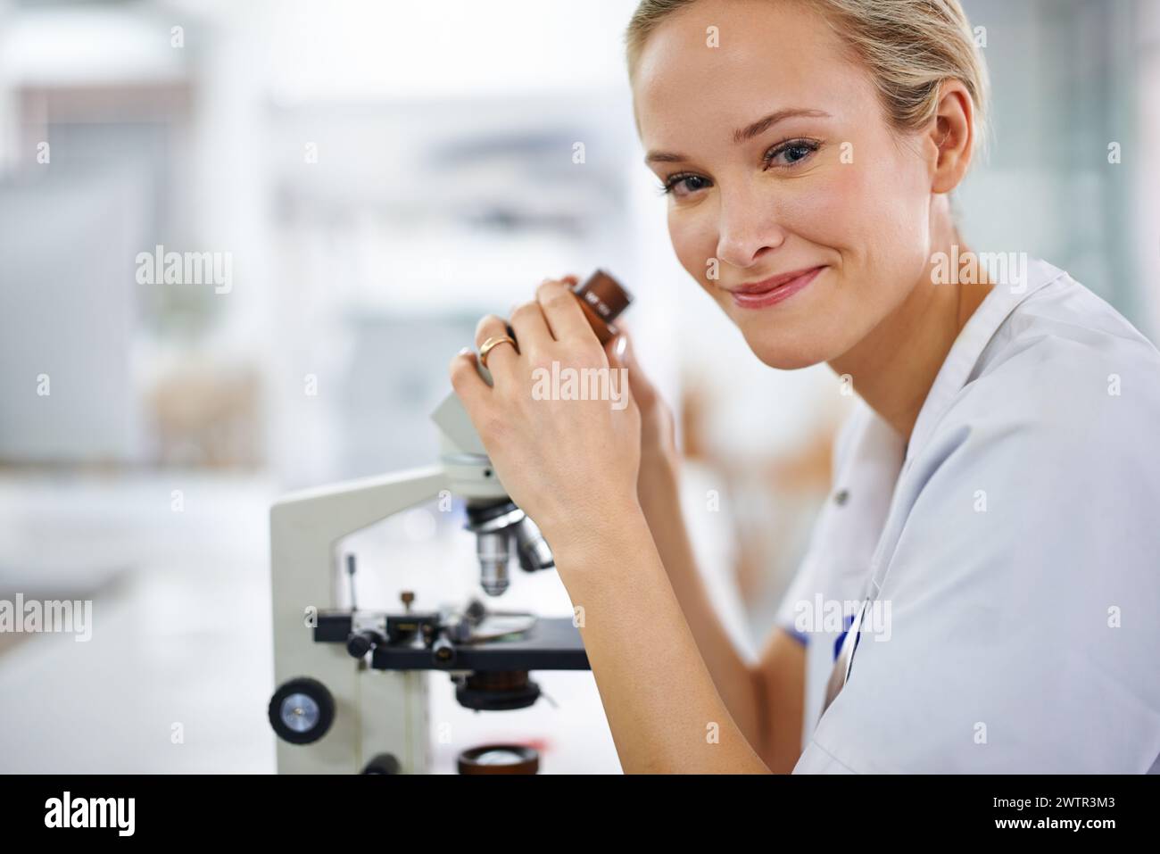 Happy woman, portrait and laboratory with forensic microscope for ...