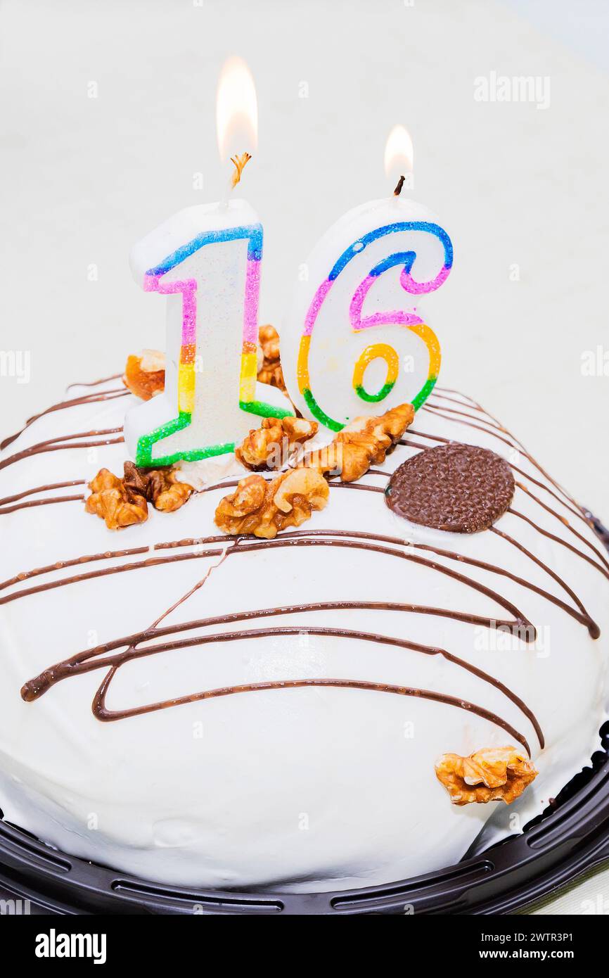 Cake: Birthday Cake With Candles For 16th Birthday Stock Photo - Alamy