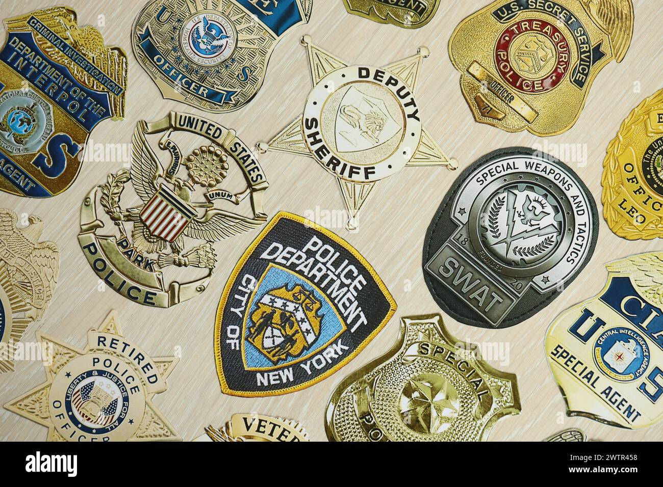 KYIV, UKRAINE - MARCH 9, 2024 Badges of different United States police ...