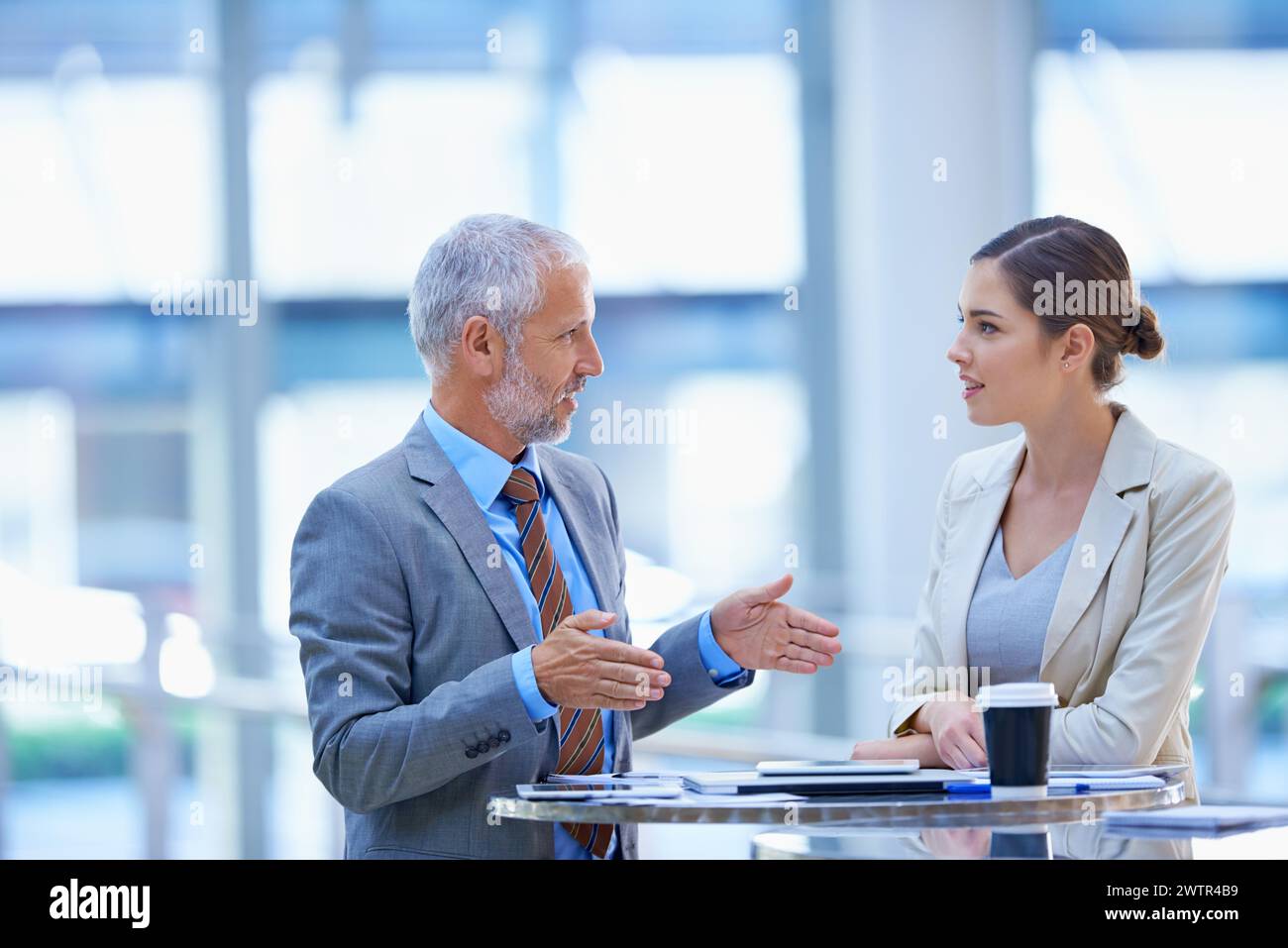 Businesspeople, colleagues and meeting with tablet, talking and ...