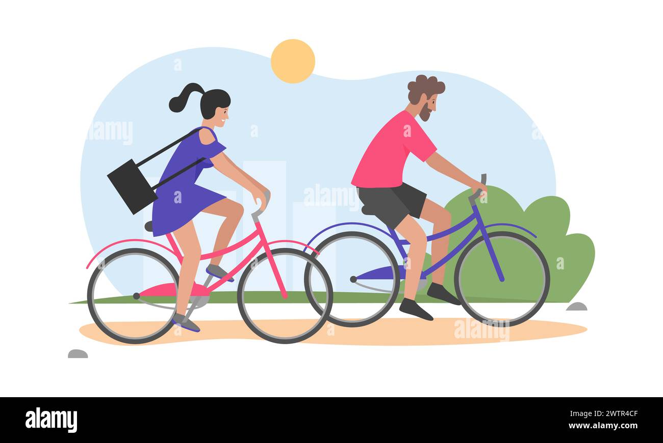 Couple with bicycles on sunny day. Good weather outdoor leisure time ...