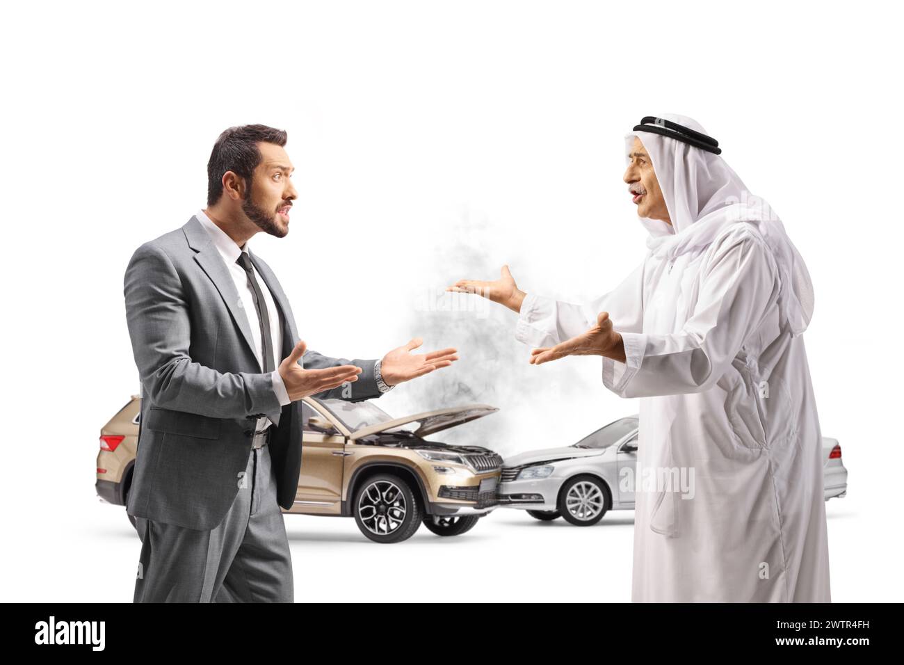Businessman and an arab man in a car crash arguing isolated on white ...