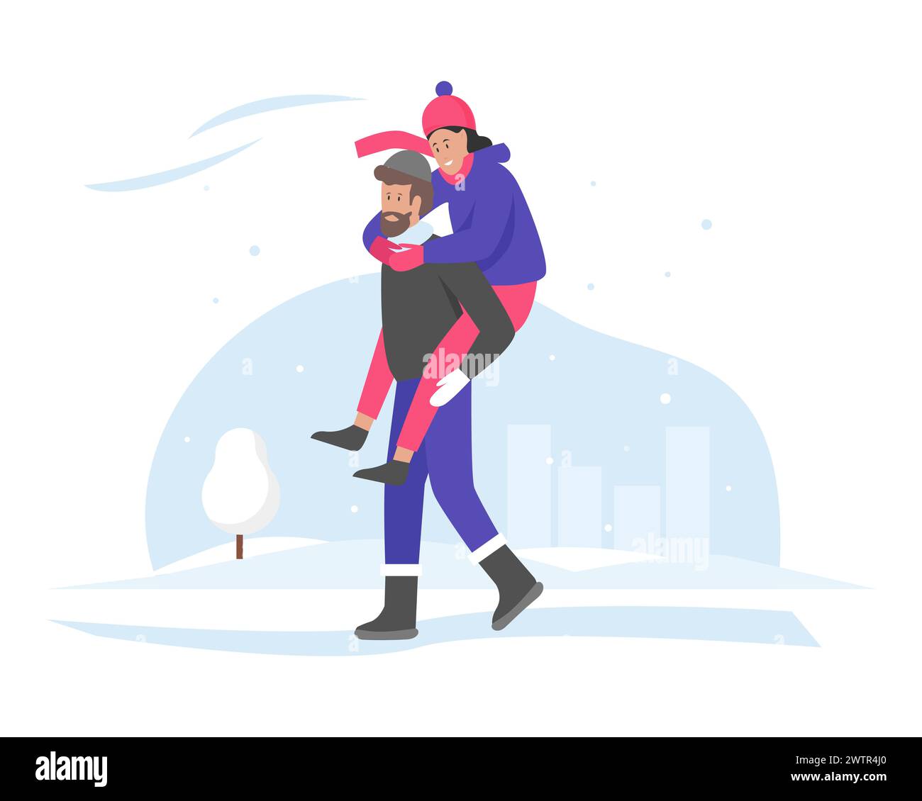 Hugging couple on snowy weather. Winter outdoor together leisure time ...