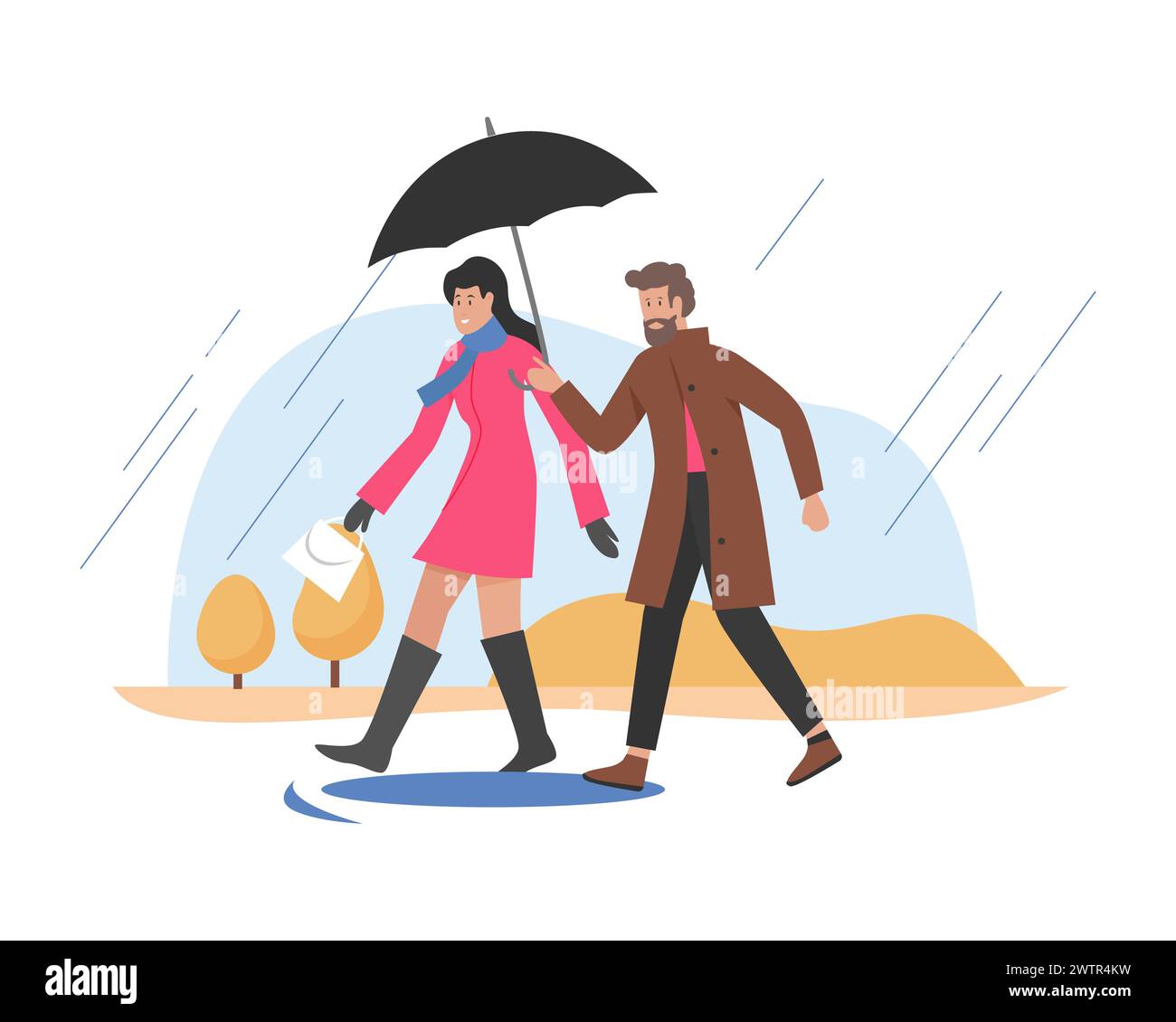 Couple walking on rainy weather. Autumn rainy days, walking with umbrella cartoon vector ...