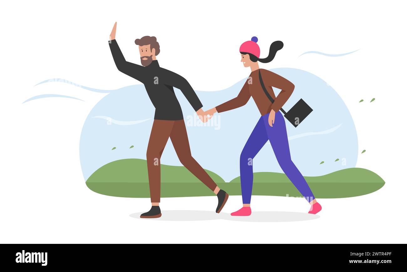 Couple walking on windy autumn day. Couple walks in fall season cartoon ...