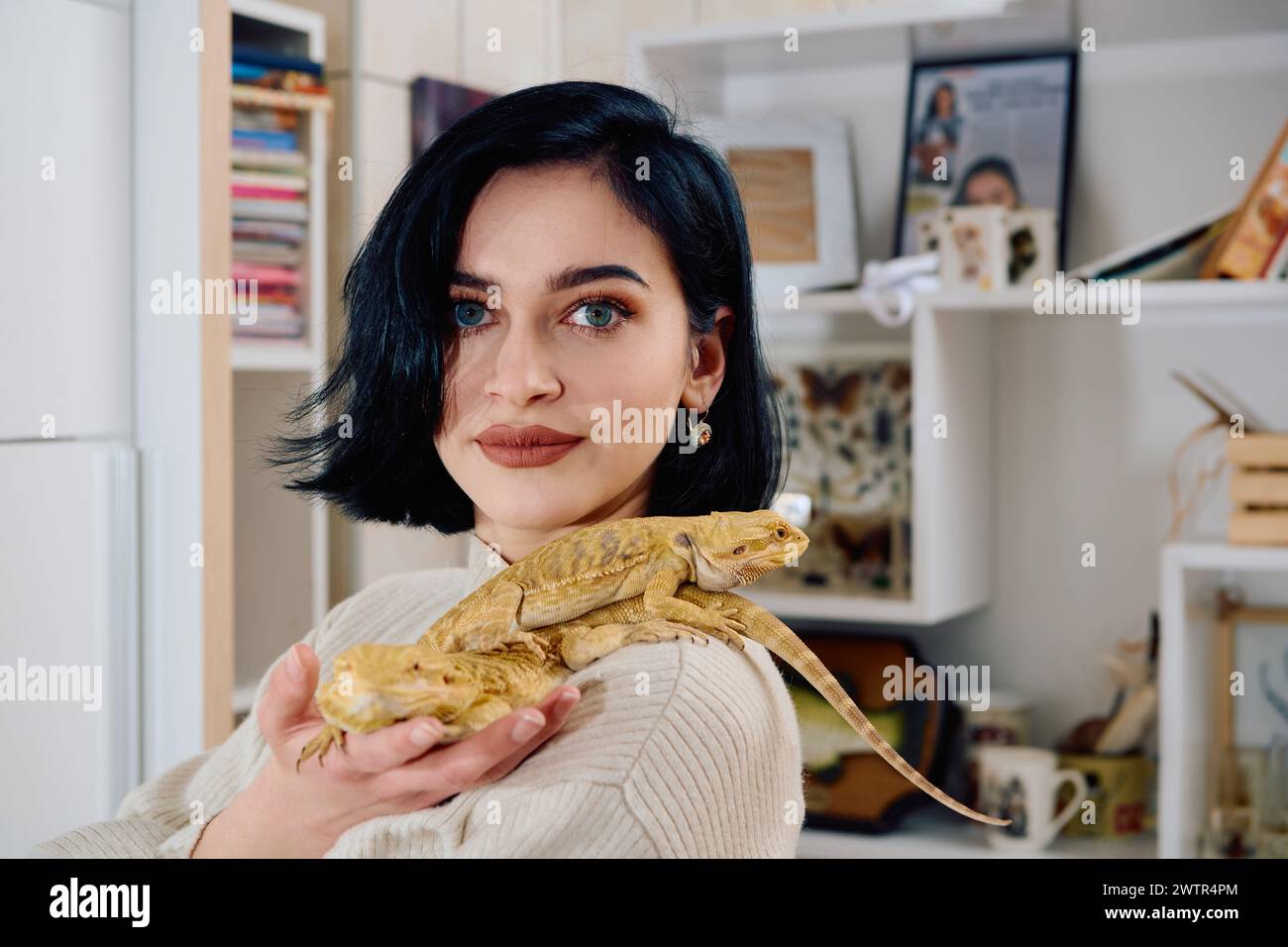 Beautiful Woman Posing with Her Two Adorable Bearded Dragon Pets Stock ...