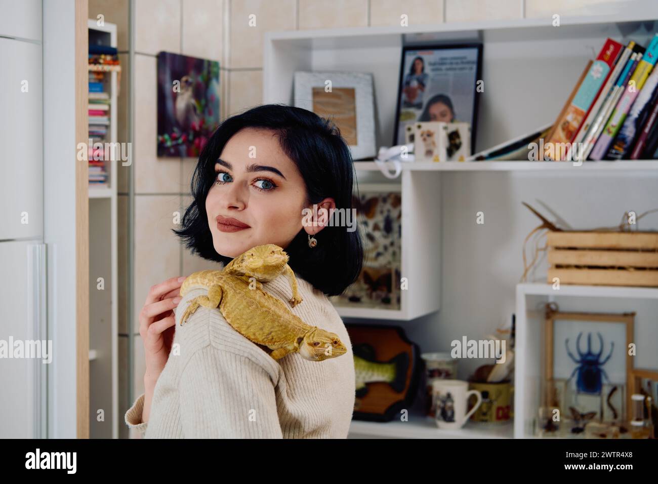 Beautiful Woman Posing with Her Two Adorable Bearded Dragon Pets Stock ...