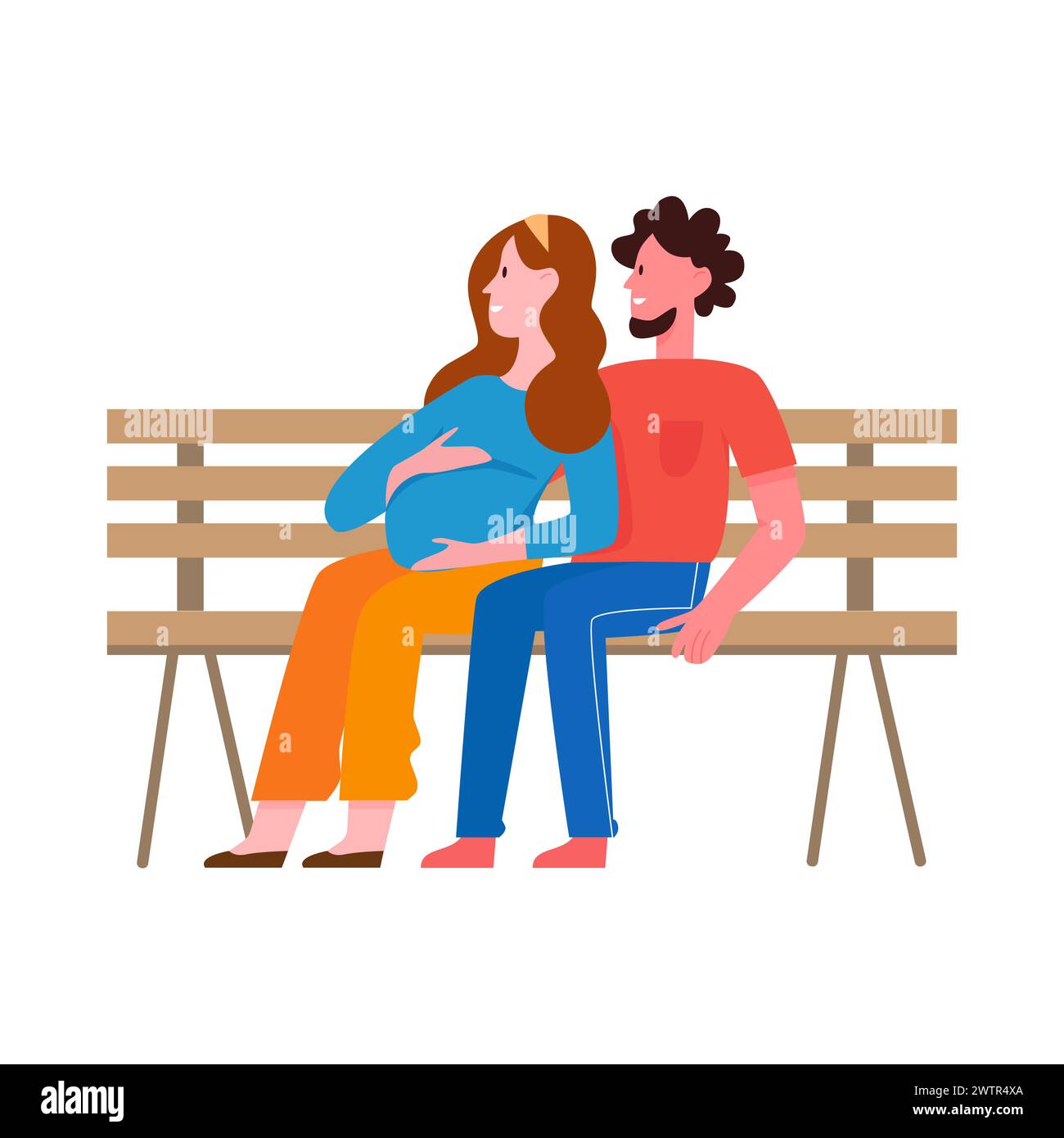 Hugging couple sitting on a bench. Pregnant wife with her husband ...