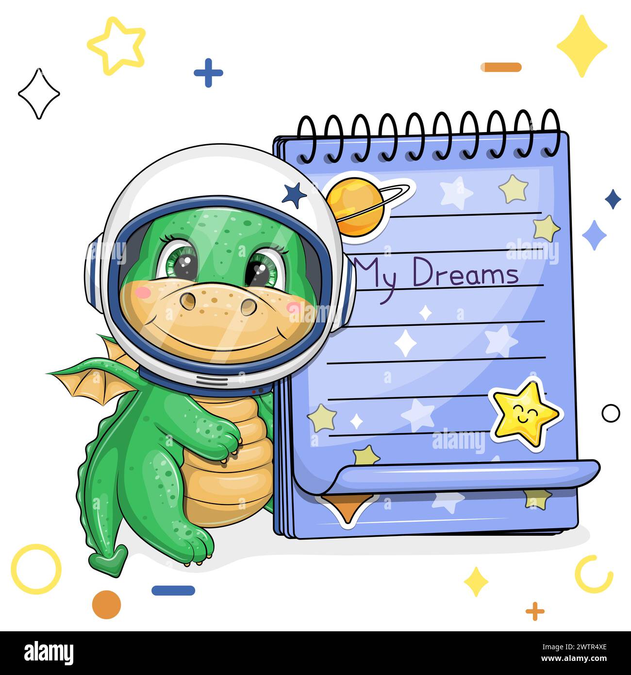 A cute cartoon astronaut green dragon with a blue notebook with ...
