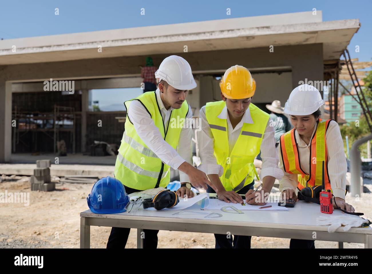 team engineer, foreman, architect meeting for colleagues discussing and checks construction ...
