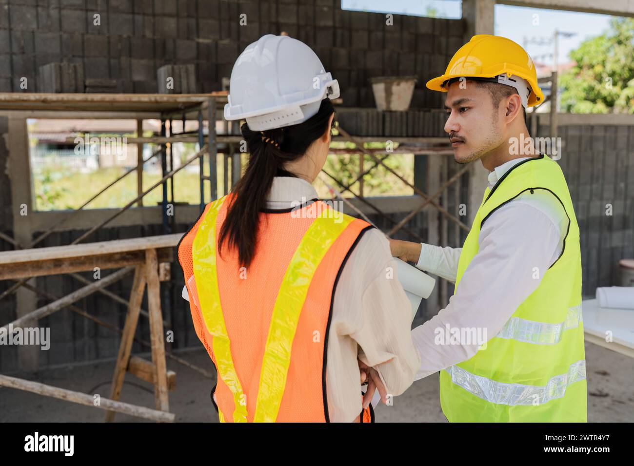 team engineer, foreman, architect meeting for colleagues discussing and checks construction ...