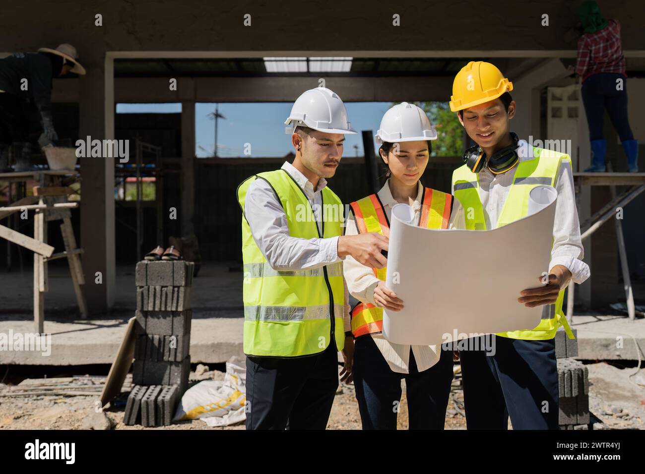 team engineer, foreman, architect meeting for colleagues discussing and checks construction ...