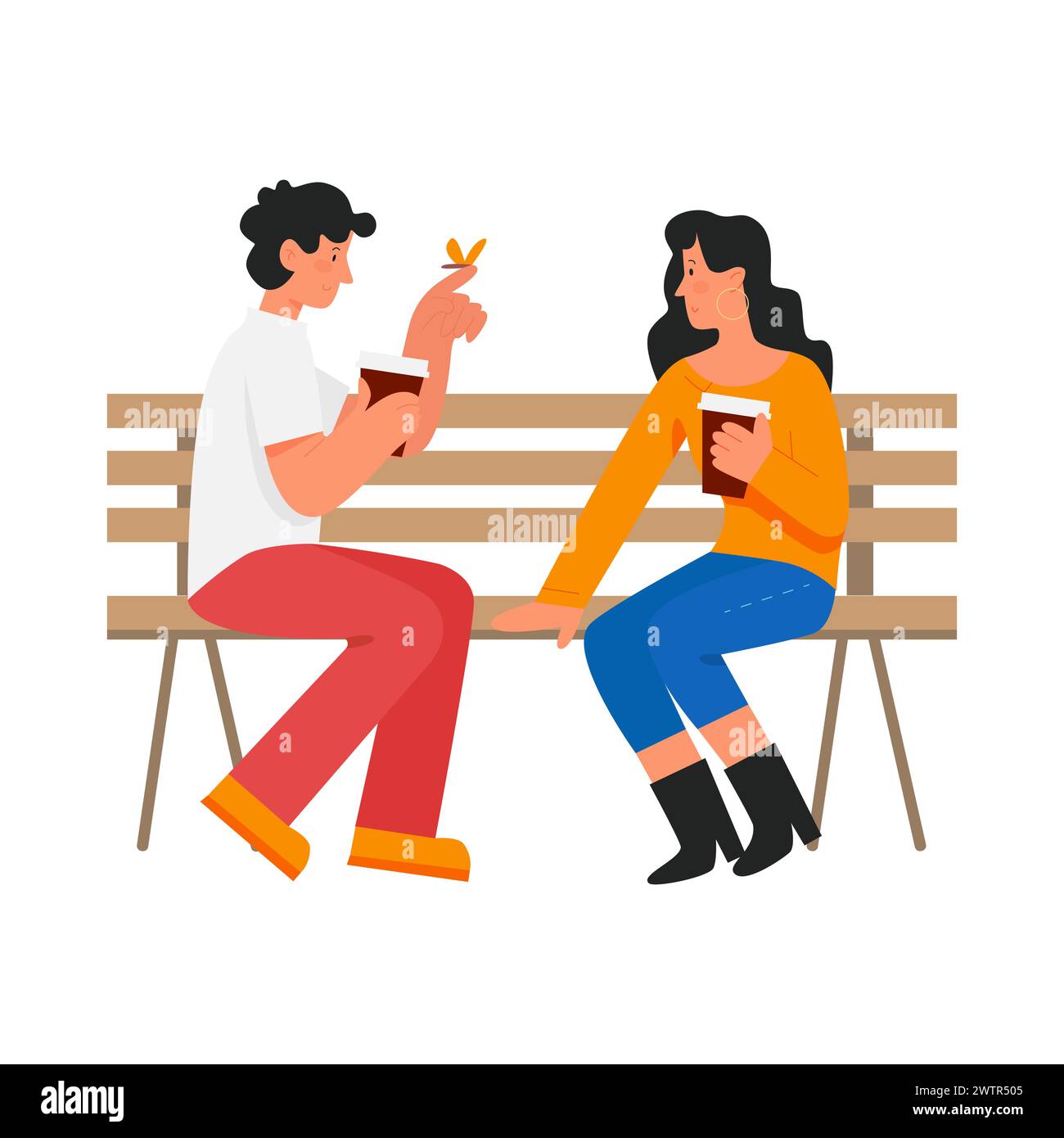 Couple drinking coffee on a bench. Outdoor romantic date, relaxing time ...