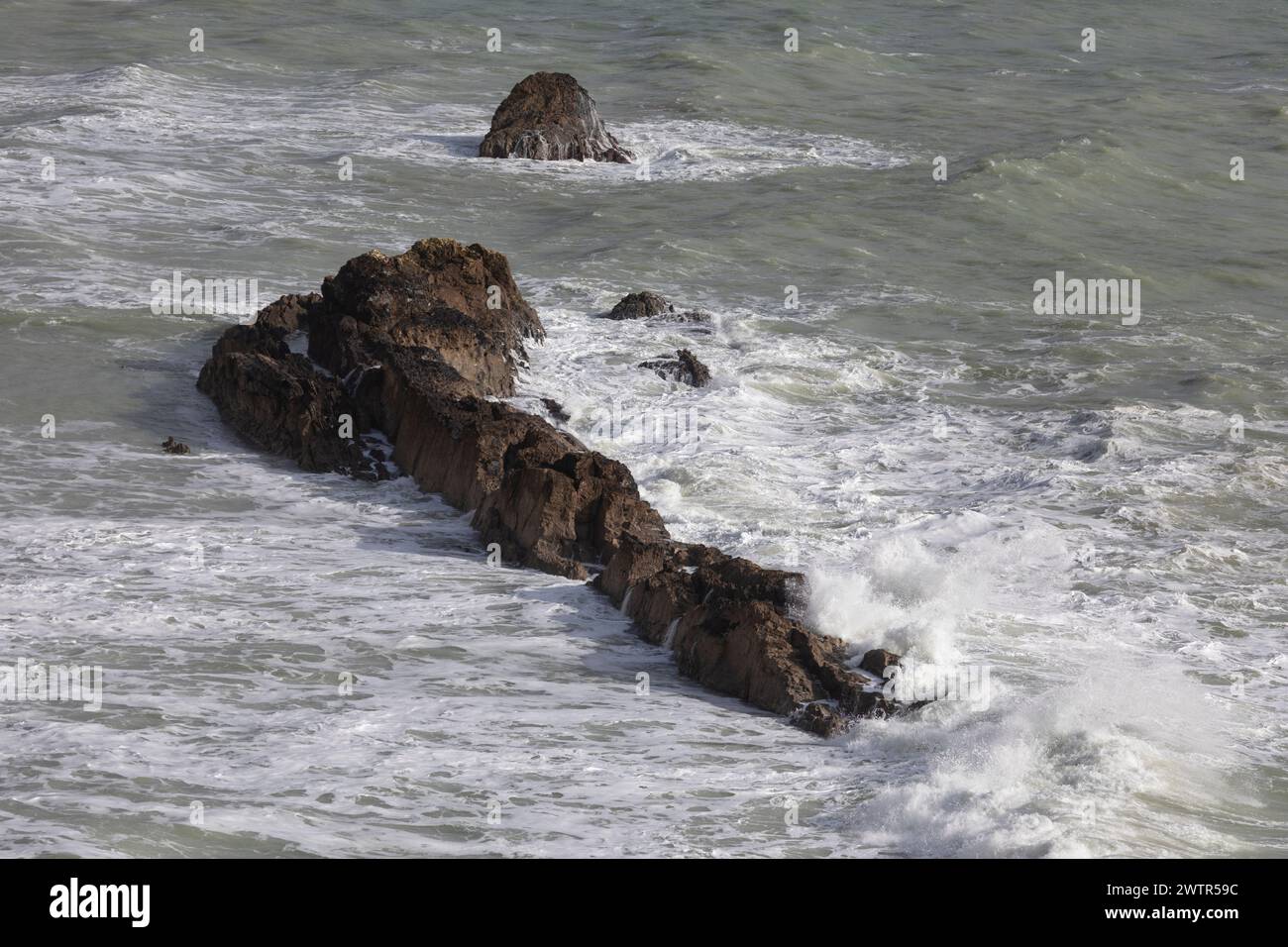 Rocks and sea off the Dorset coast at St Oswald's Bay, in March, Dorset ...