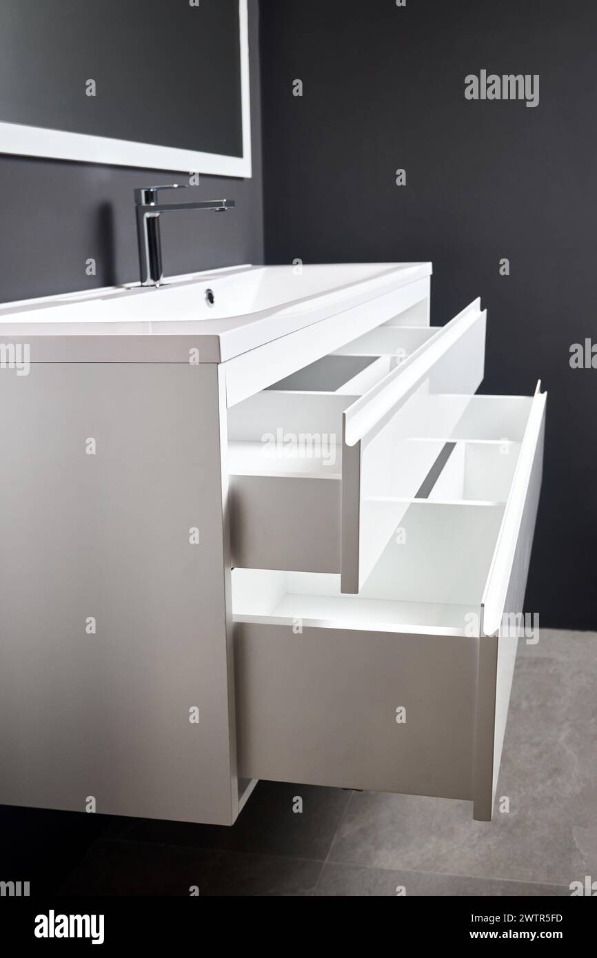 Integrated basin white countertop bathroom with horizontal drawer with ...