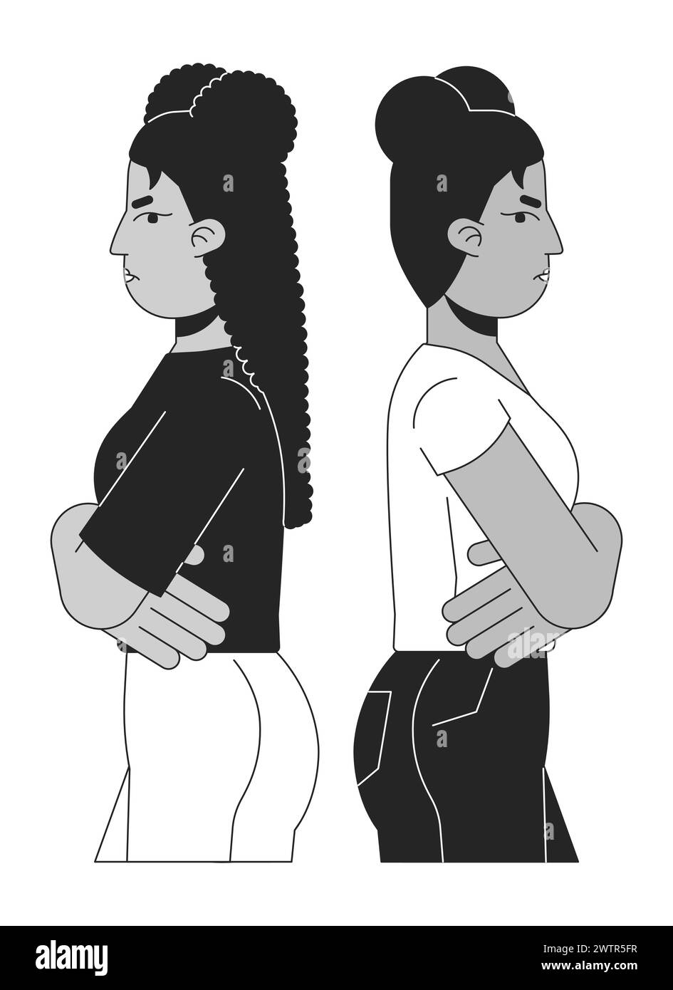 Girls friends facing away from each other black and white 2D line ...