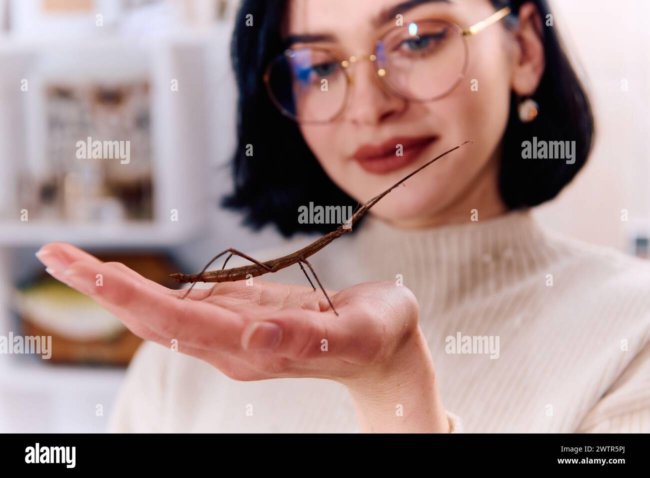 Young Woman Captured in a Beautiful Moment with Her Stick Insect ...