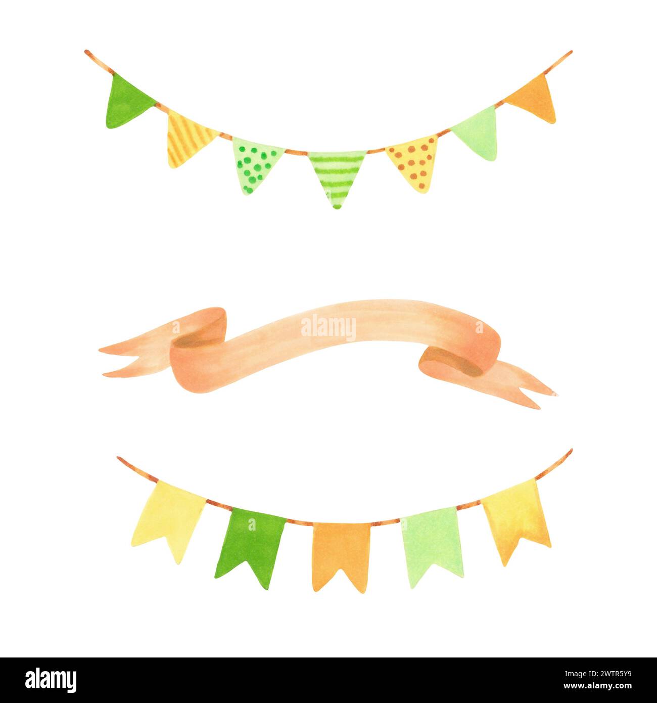 Set of garlands with ribbon for text.Watercolor and markers ...