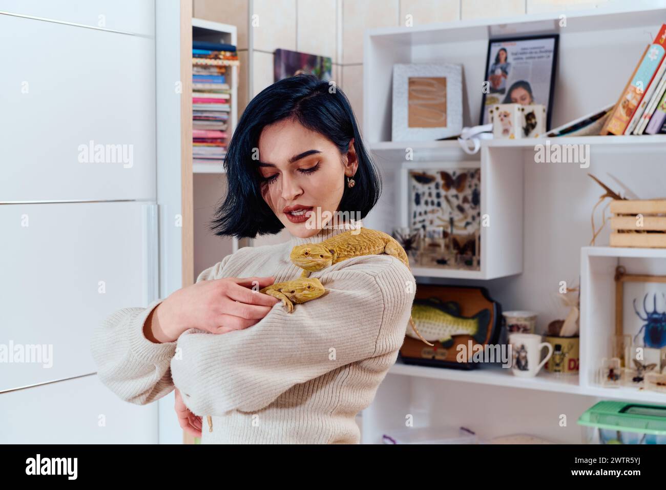 Beautiful Woman Posing with Her Two Adorable Bearded Dragon Pets Stock ...