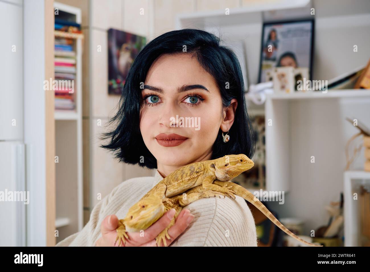 Beautiful Woman Posing with Her Two Adorable Bearded Dragon Pets Stock ...