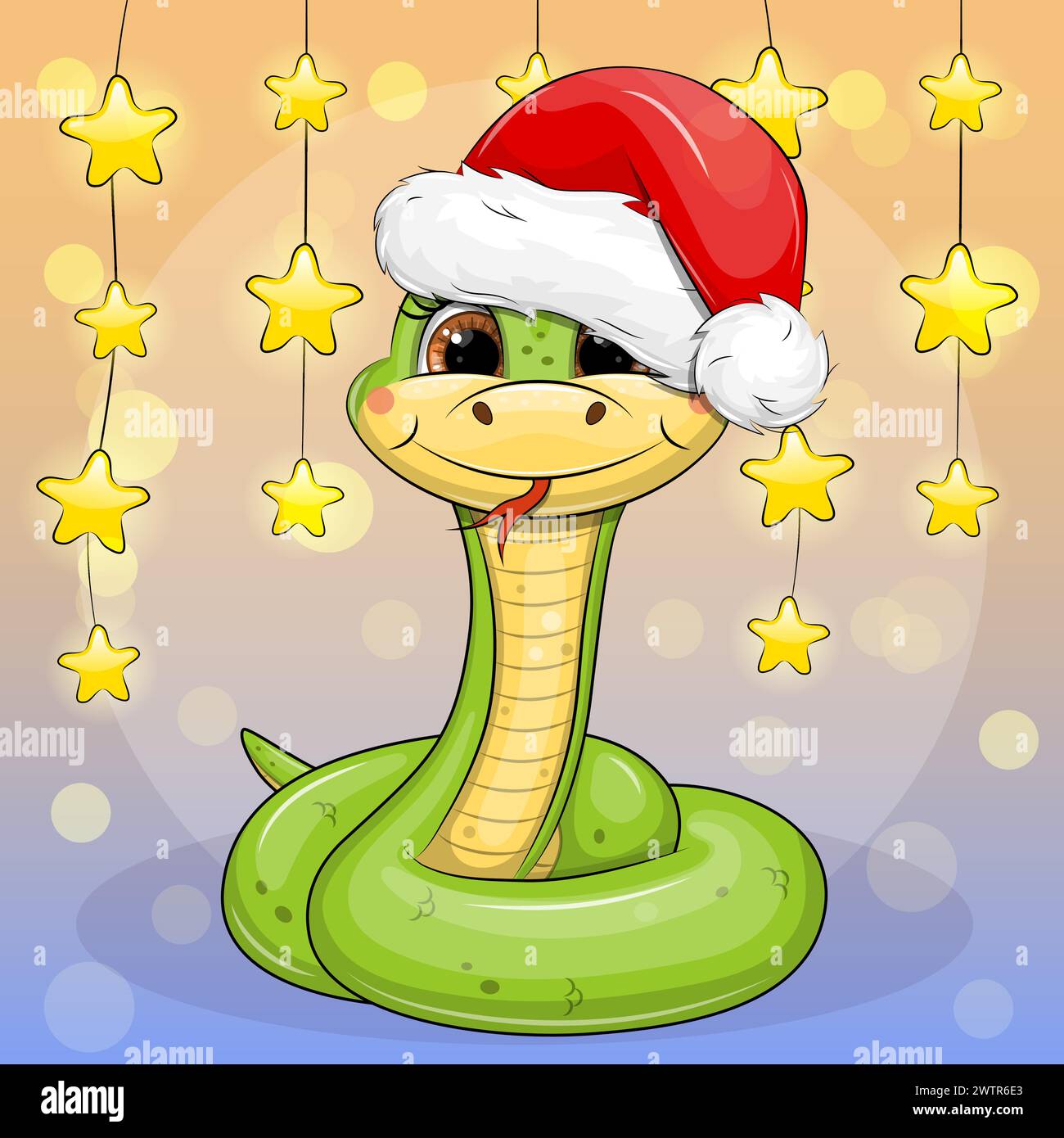 Cute cartoon green snake with star garland. Christamas Vector ...