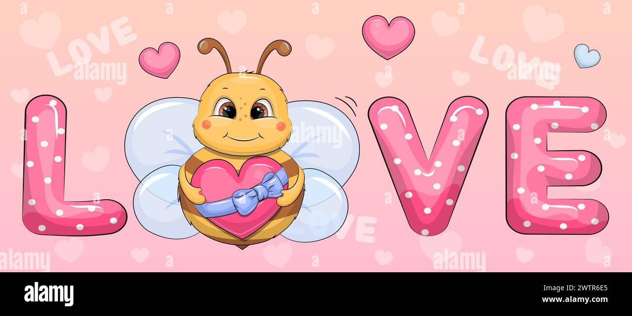 Word Love and cute cartoon bee with pink heart. Vector illustration on ...