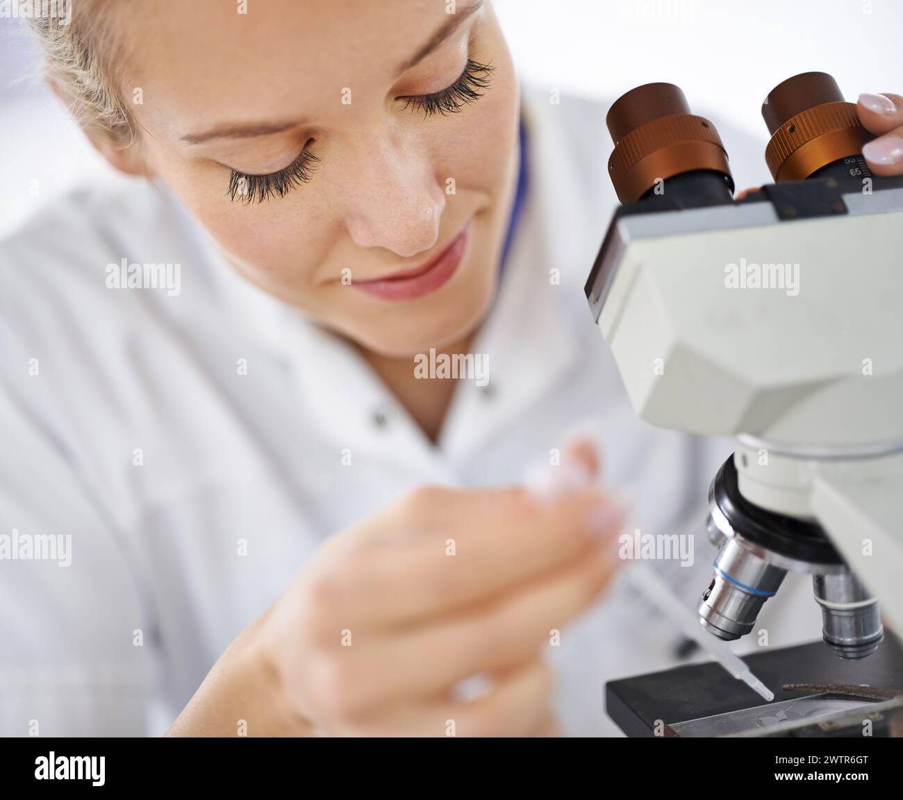 Woman, microscope and drop with test for laboratory research ...