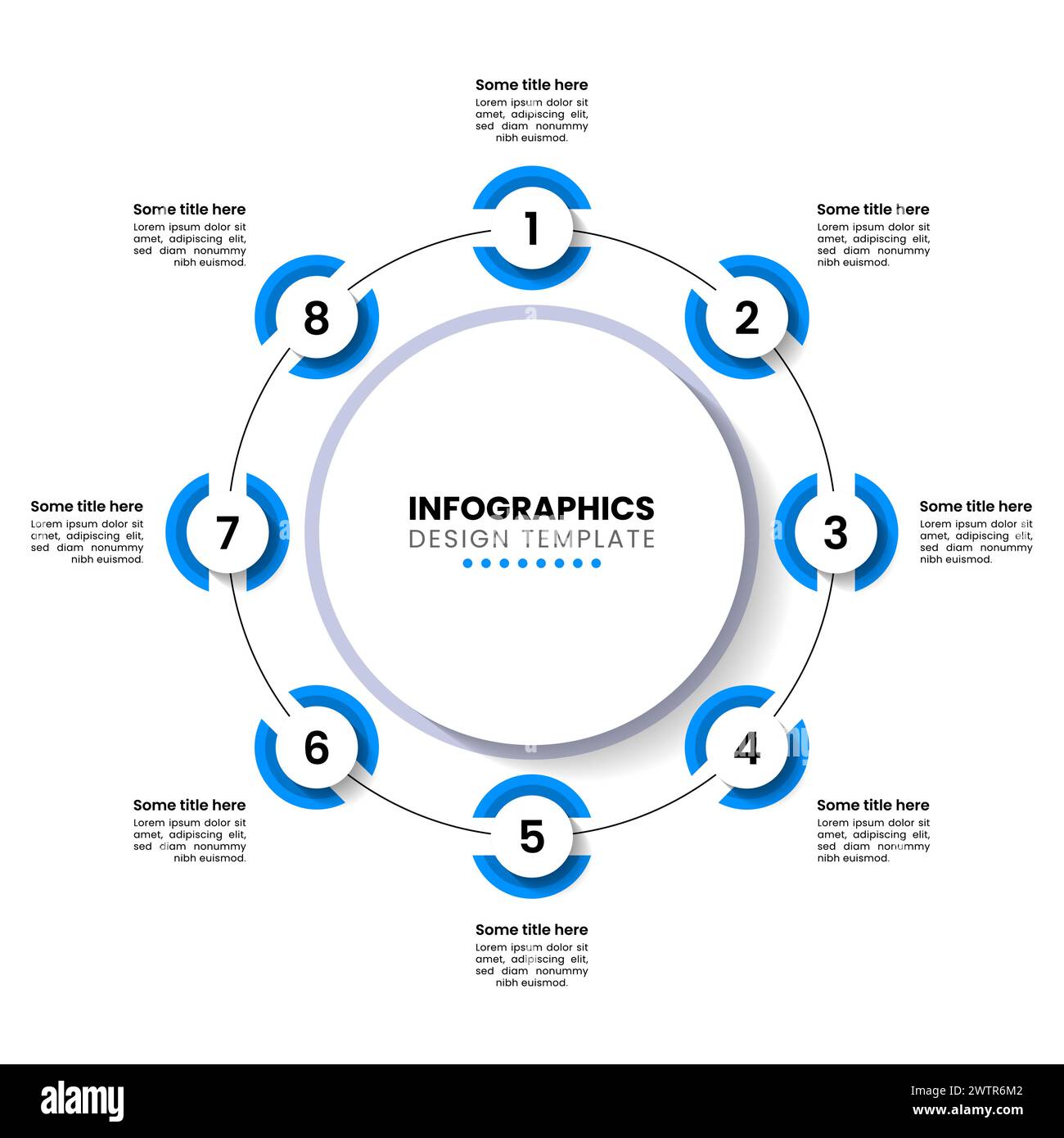 Infographic template with 8 options or steps. Blue circles. Can be used for workflow layout ...
