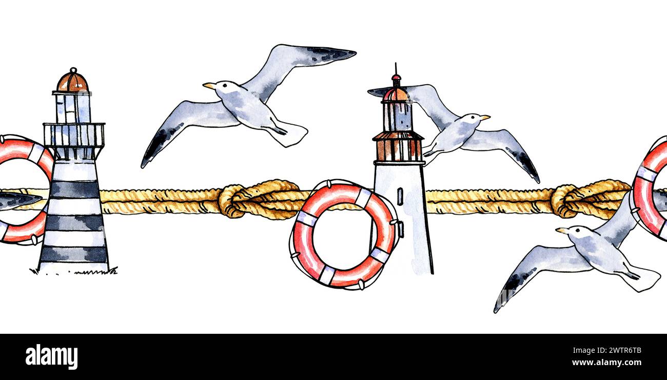 watercolor hand drawn seamless border with lighthouse, different ...