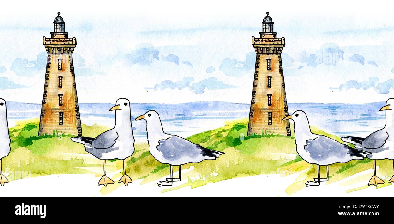 watercolor seamless border with marine landscape with lighthouse and ...