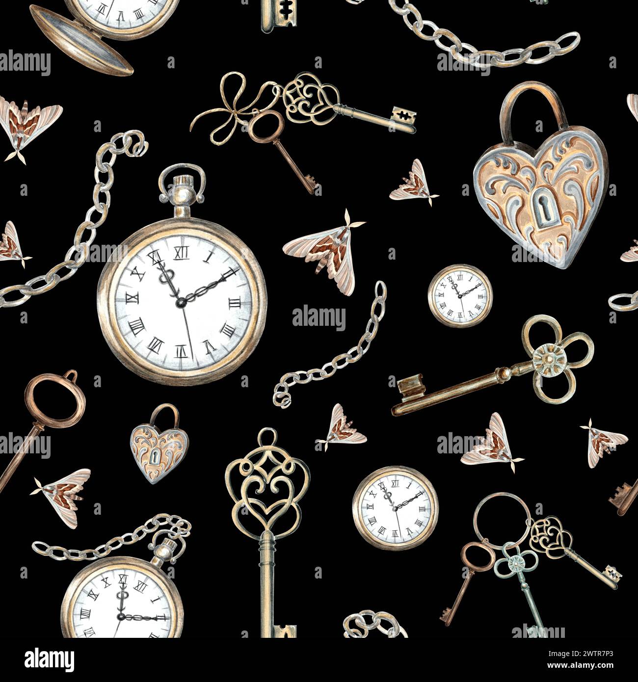 Pocket watch, keys, chain, lock, moths on a black background ...