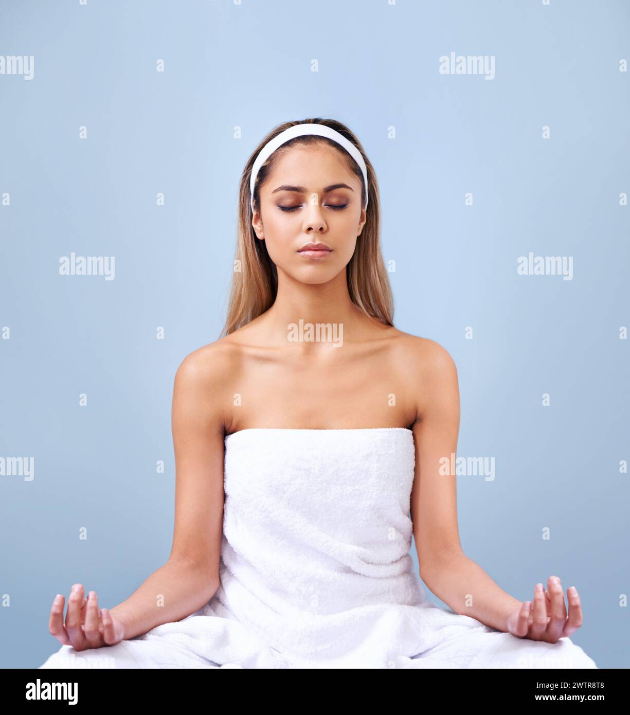 Studio, meditation and woman breathe with calm peace or benefits from ...