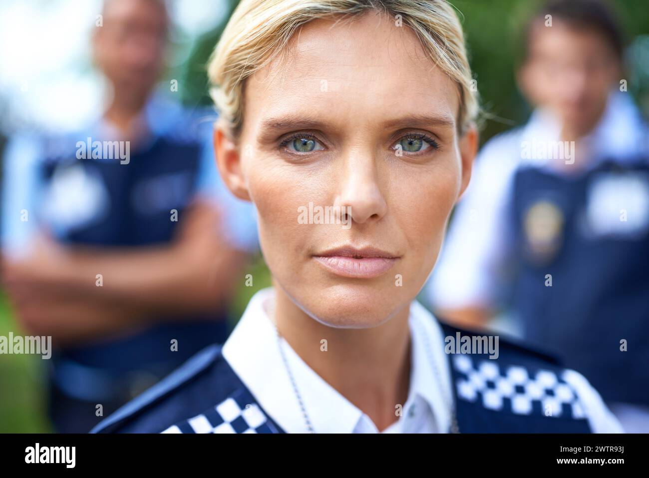 Guard, law enforcement and portrait of police woman outdoors for crime ...