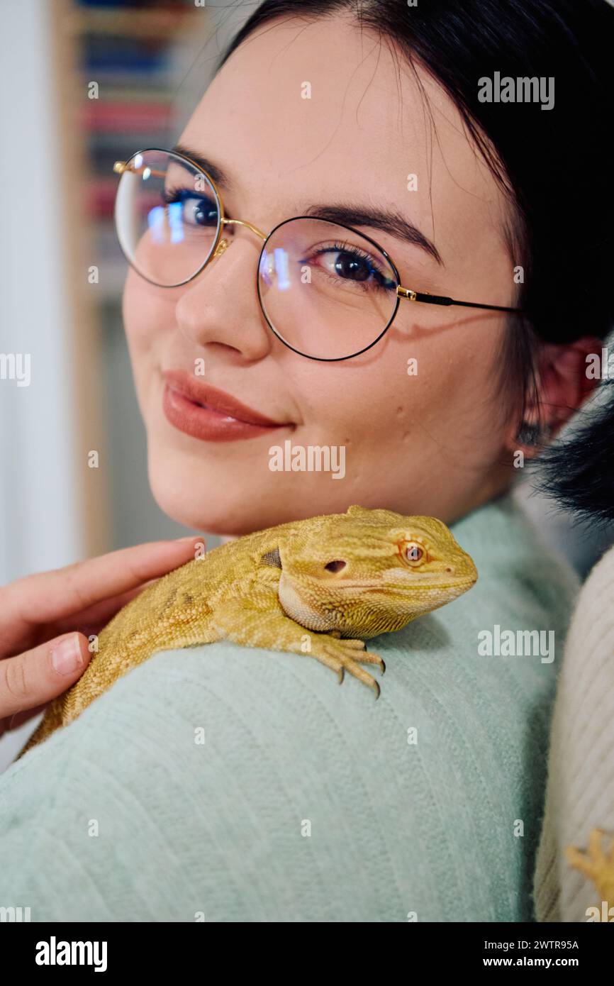 Beautiful Woman Posing with Her Adorable Bearded Dragon Pets Stock ...