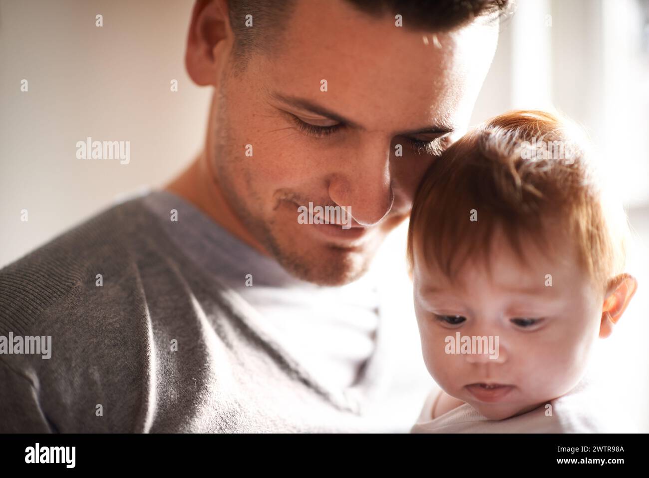 Peace, love or father and baby in a house with care, trust and child ...