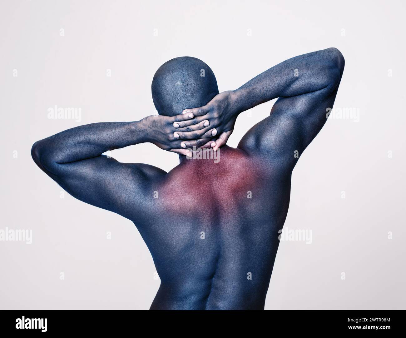 Man, back and neck pain with glow, body and injury with muscle, tension ...