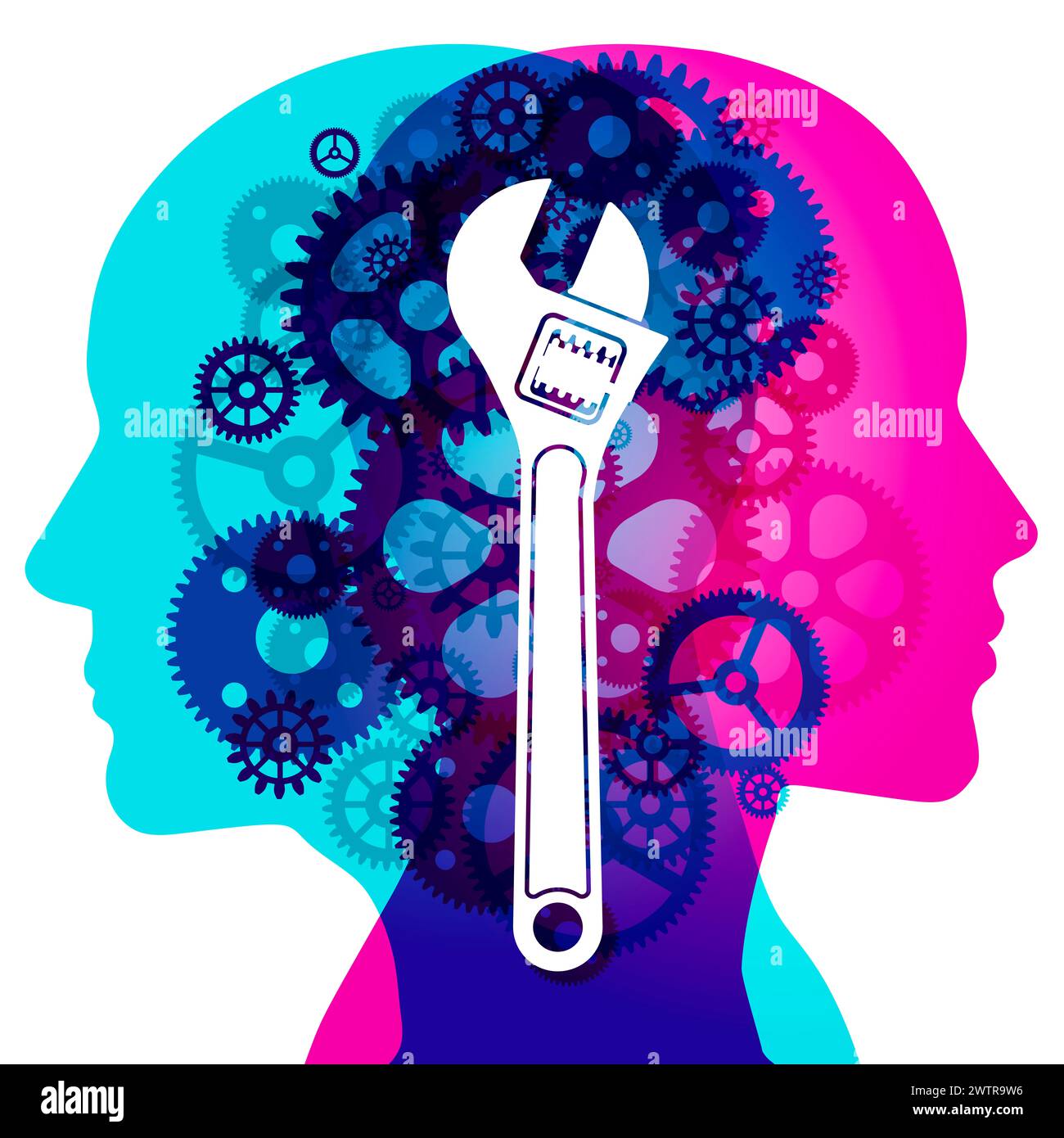 2 adult side silhouettes overlaid with various semi-transparent “gear ...