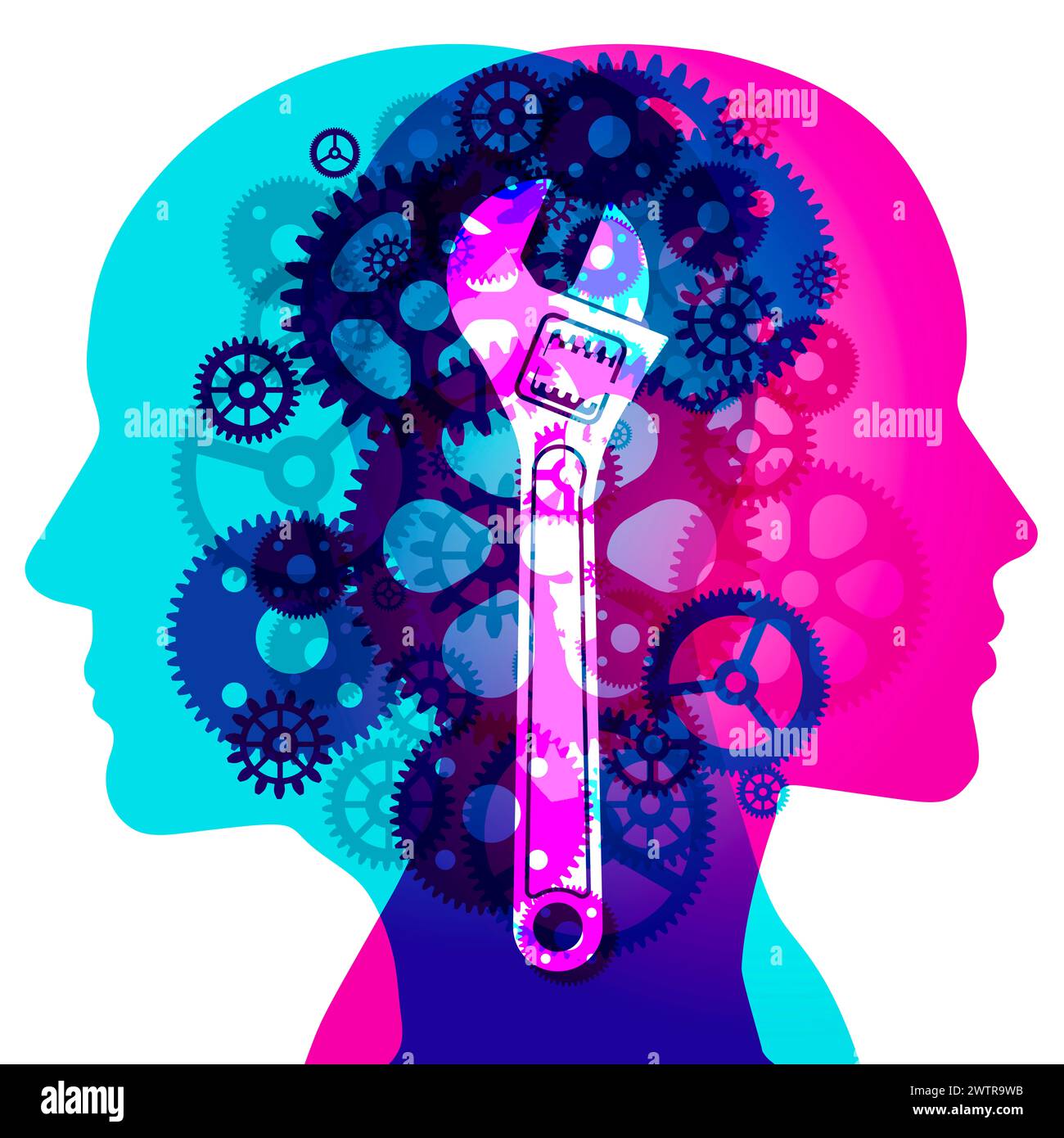 2 adult side silhouettes overlaid with various semi-transparent “gear ...