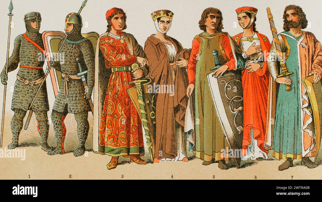 Holy Roman Empire, 1000-1100. From left to right, 1-2: warriors, 3-4-5 ...