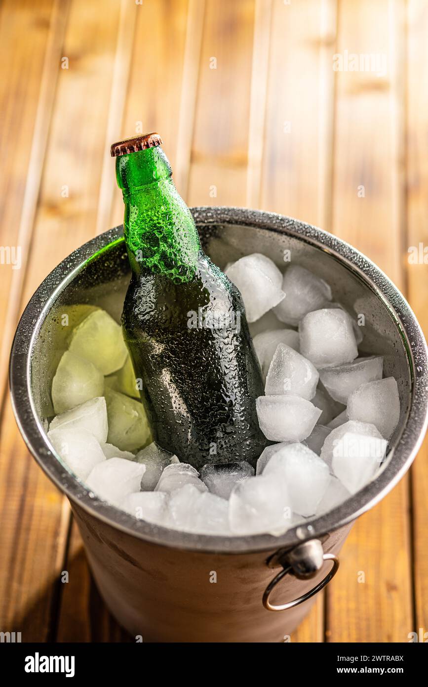 A metal bucket is filled with ice, and one glass bottles of beer is ...